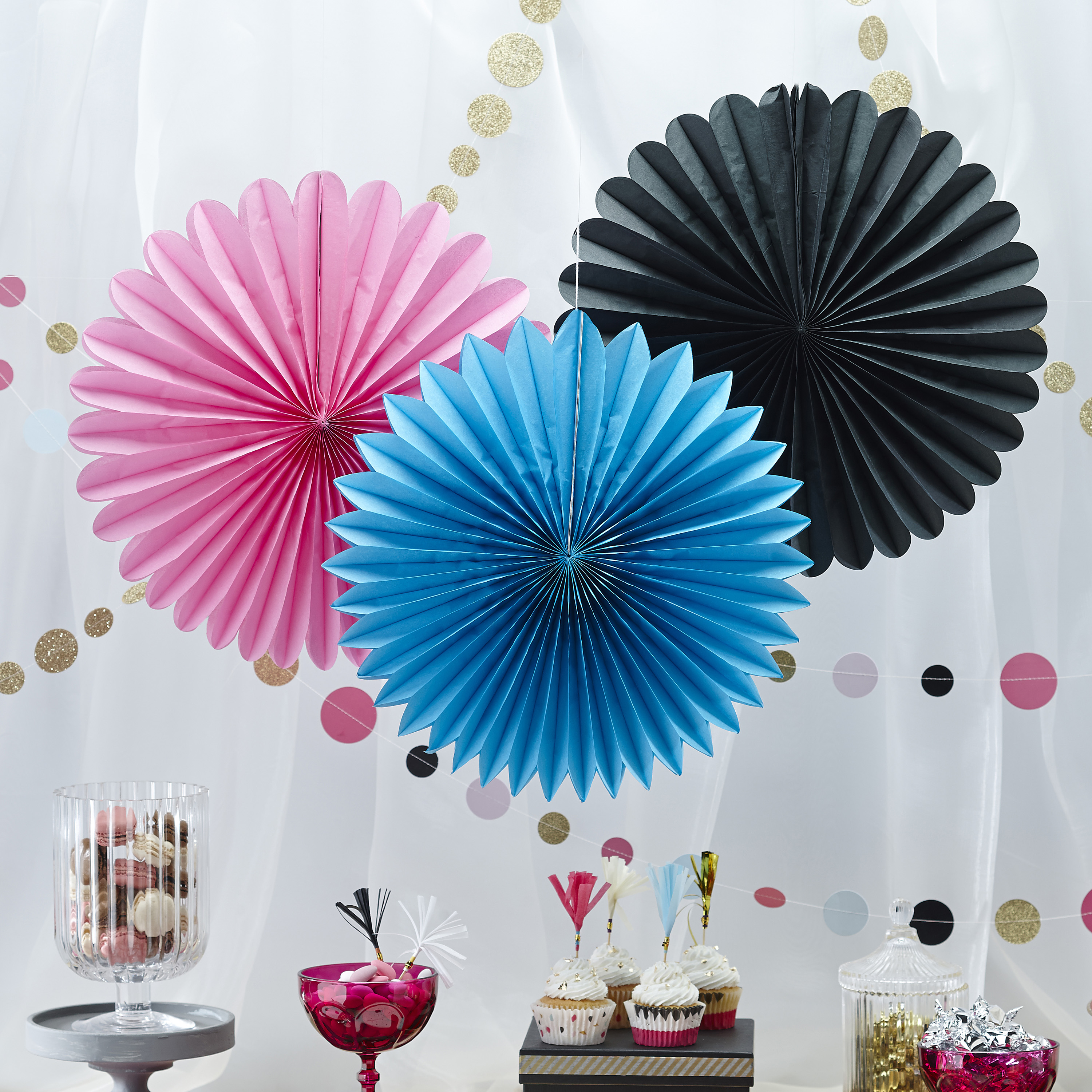 Pink, Black & Blue Wall Fan Decorations - Confetti Party | Ginger Ray