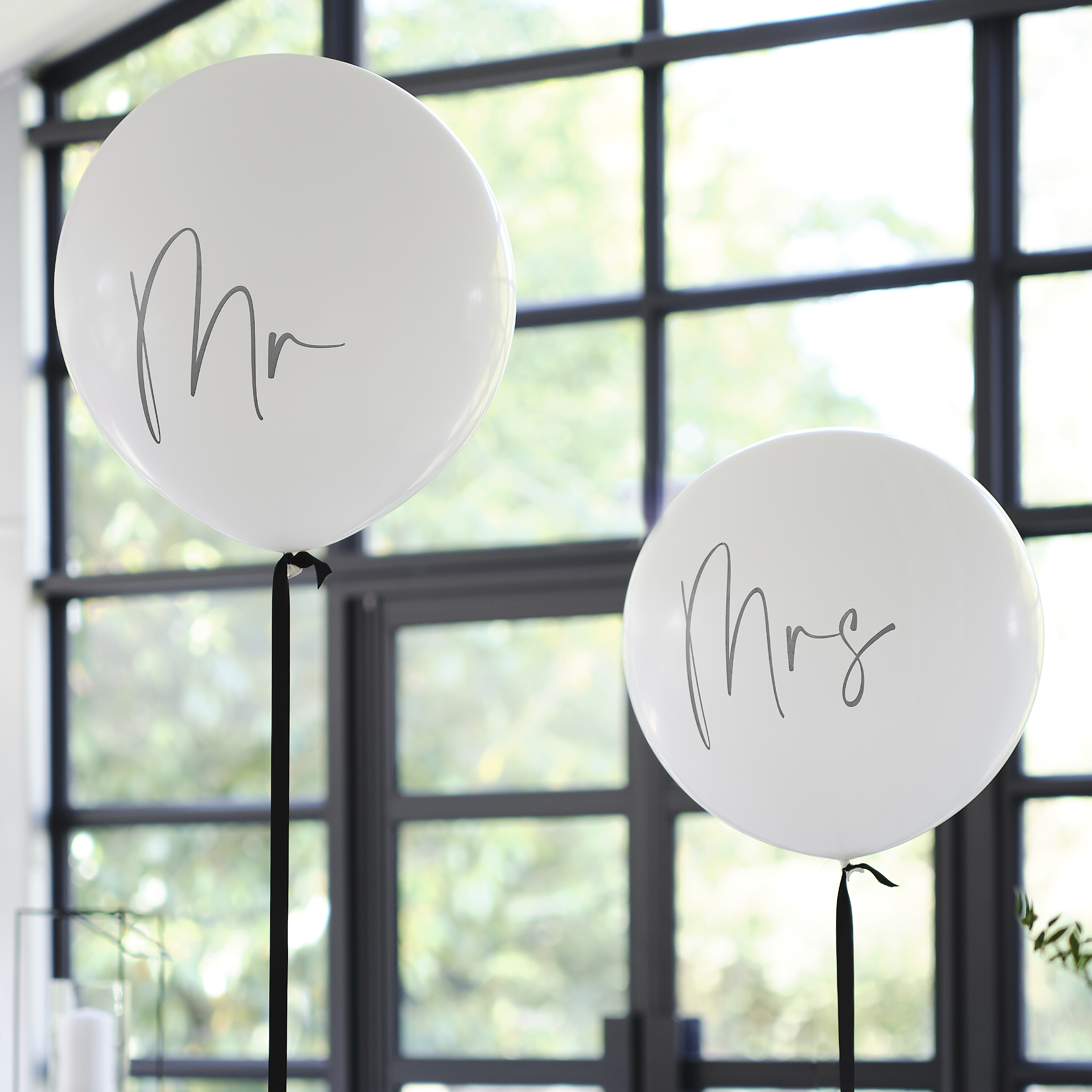 Black & White Mr & Mrs Balloons with Black Balloon Tails | Ginger Ray