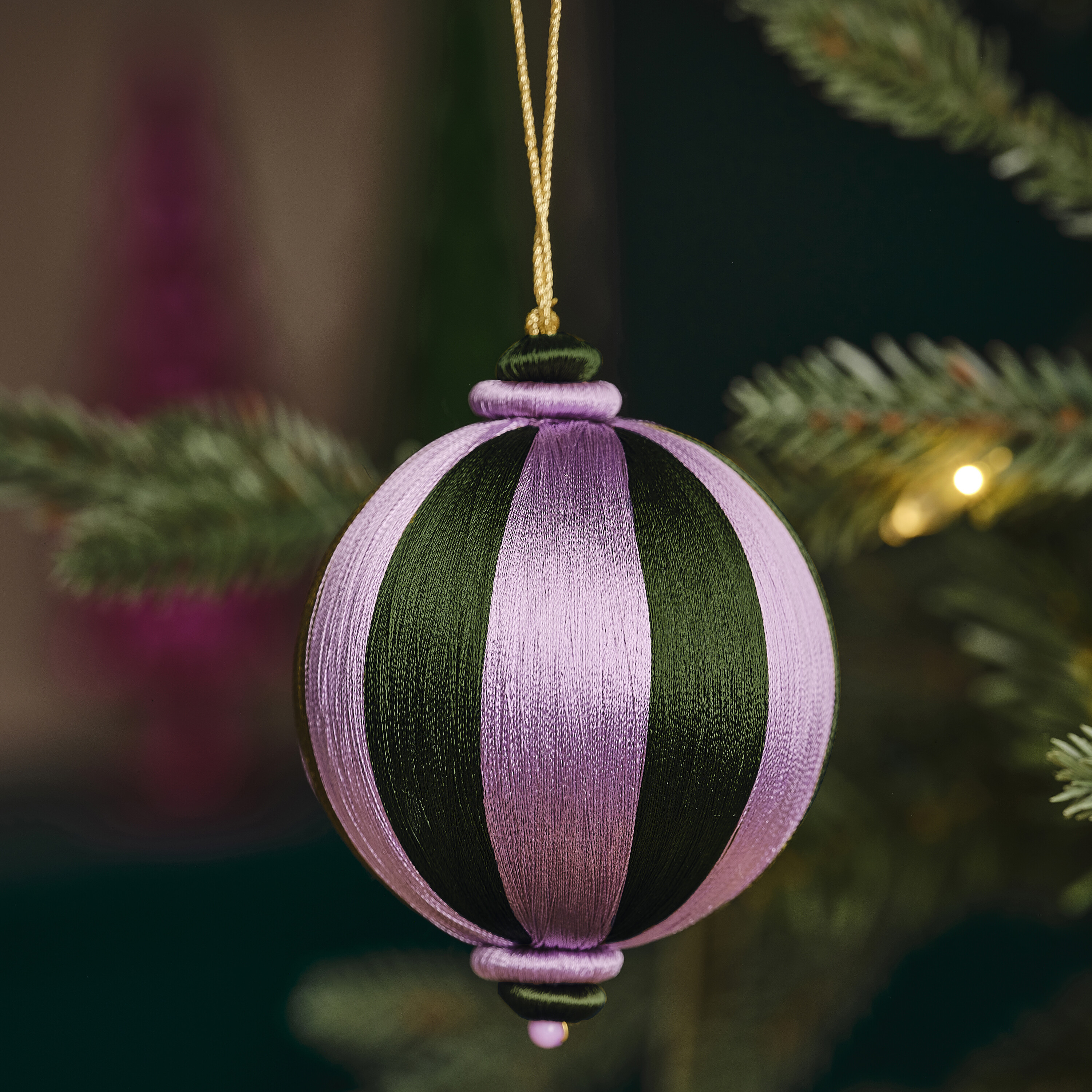 Green and Purple Striped Satin Christmas Bauble | Ginger Ray